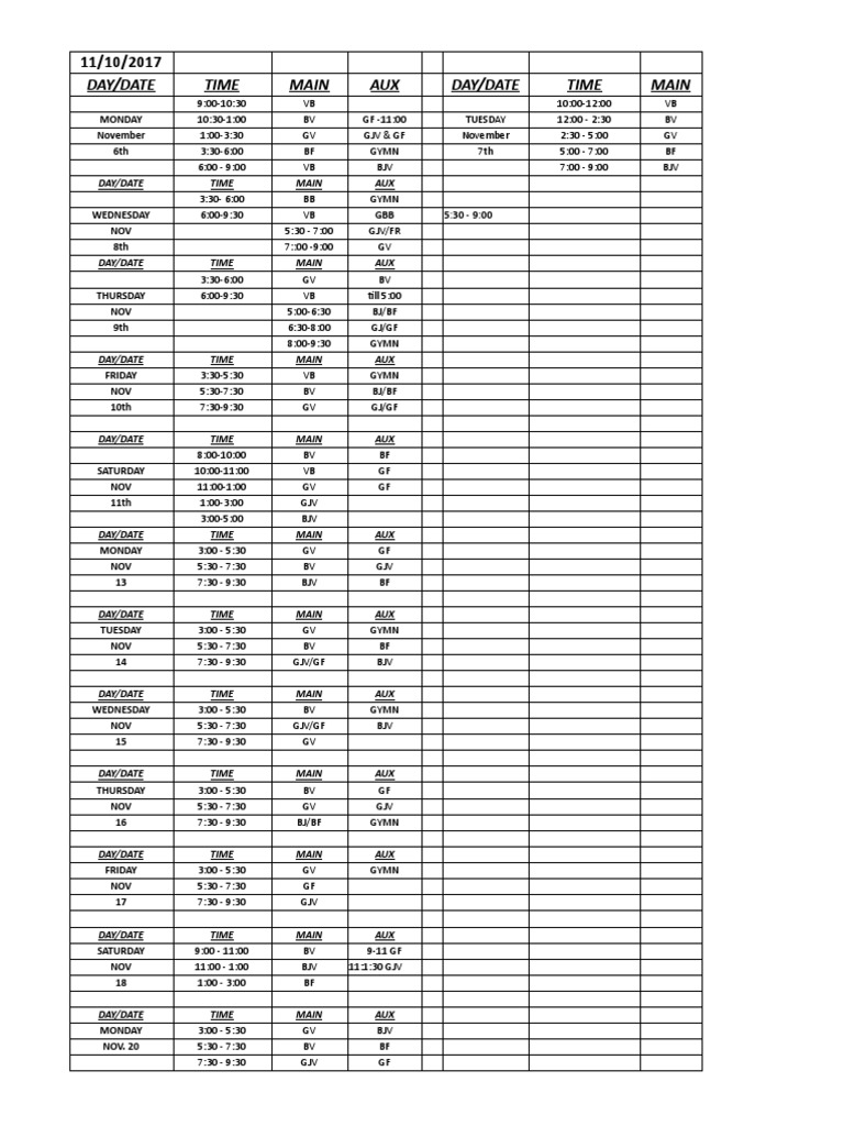 Day/Date Time Main AUX Day/Date Time Main: Monday November 6th | PDF