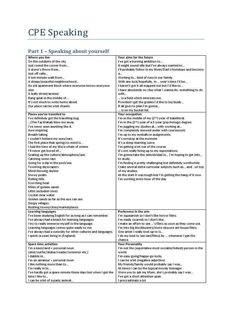 CPE Speaking Topics Guide | PDF | Language Arts & Discipline | General ...