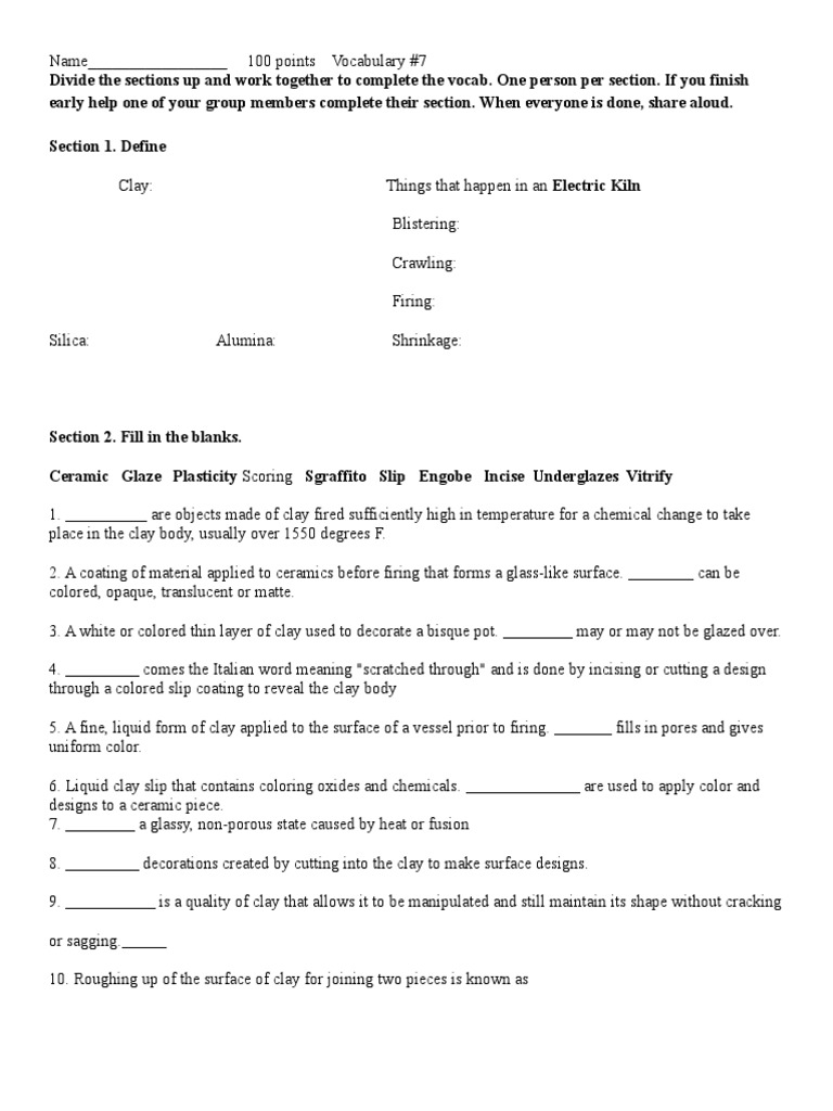 Clay Vocabulary Worksheet | PDF | Pottery | Ceramic Art
