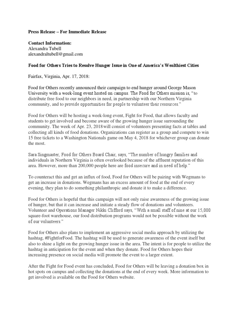 Food For Others Press Release | PDF | Hunger | Public Sphere