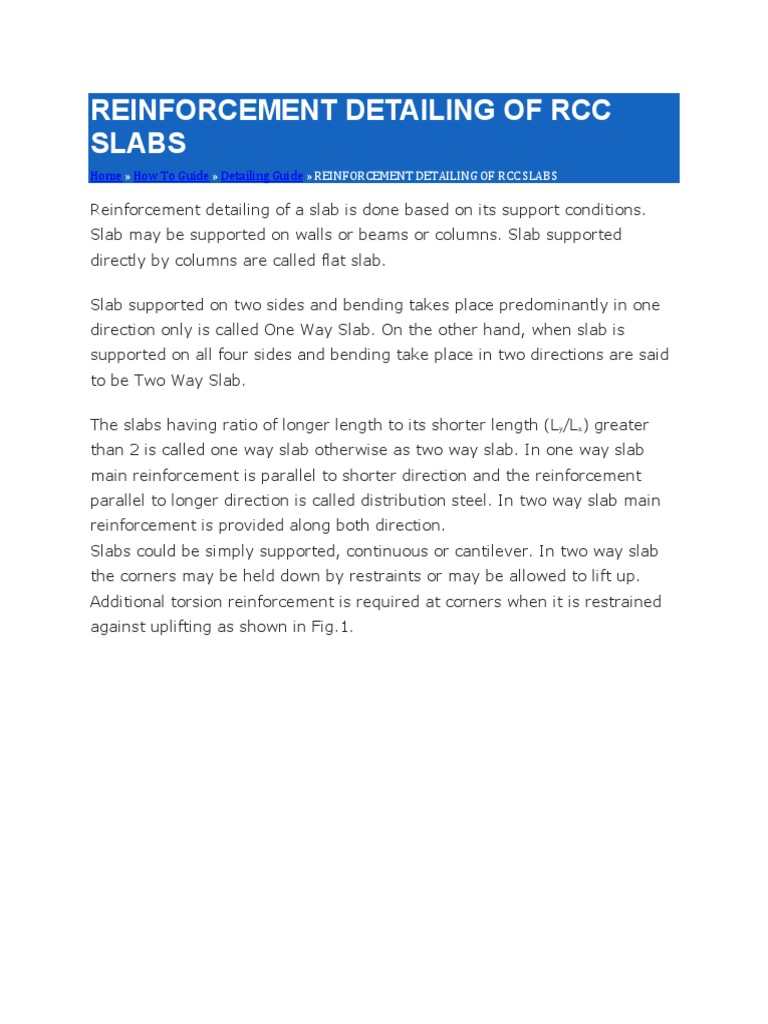 RCC Slab Reinforcement Detailing Guide | PDF | Column | Structural ...