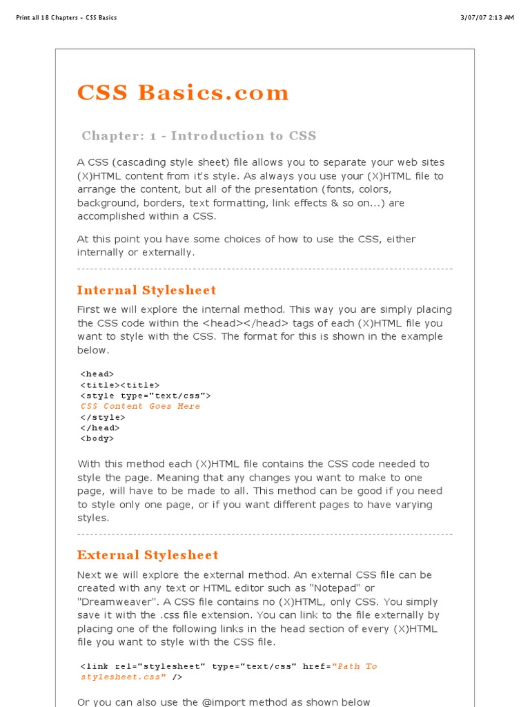 Chapter: 1 - Introduction To CSS: Internal Stylesheet | PDF | Cascading Style Sheets | Html Element