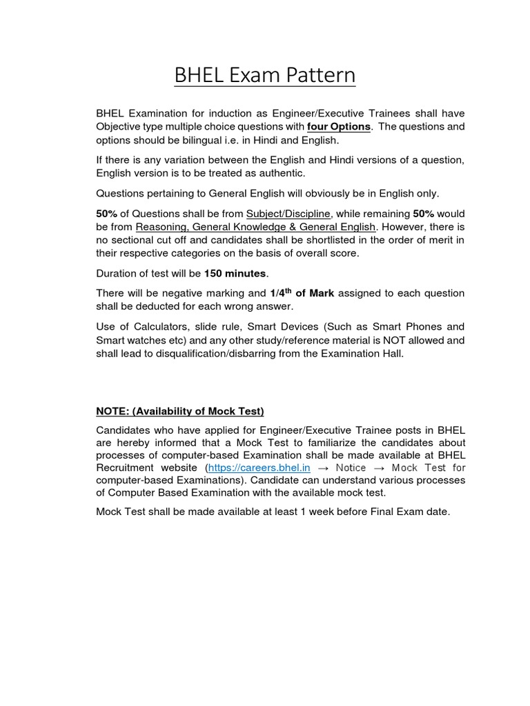 BHEL Exam Pattern: 50% of Questions Shall Be From Subject/Discipline, While Remaining 50% Would ...