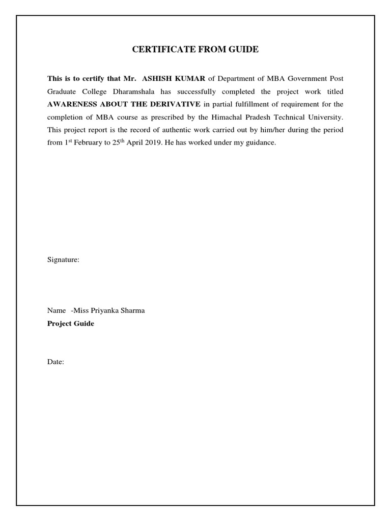 Certificate From Guide: This Is To Certify That Mr. ASHISH KUMAR of Department of MBA Government ...