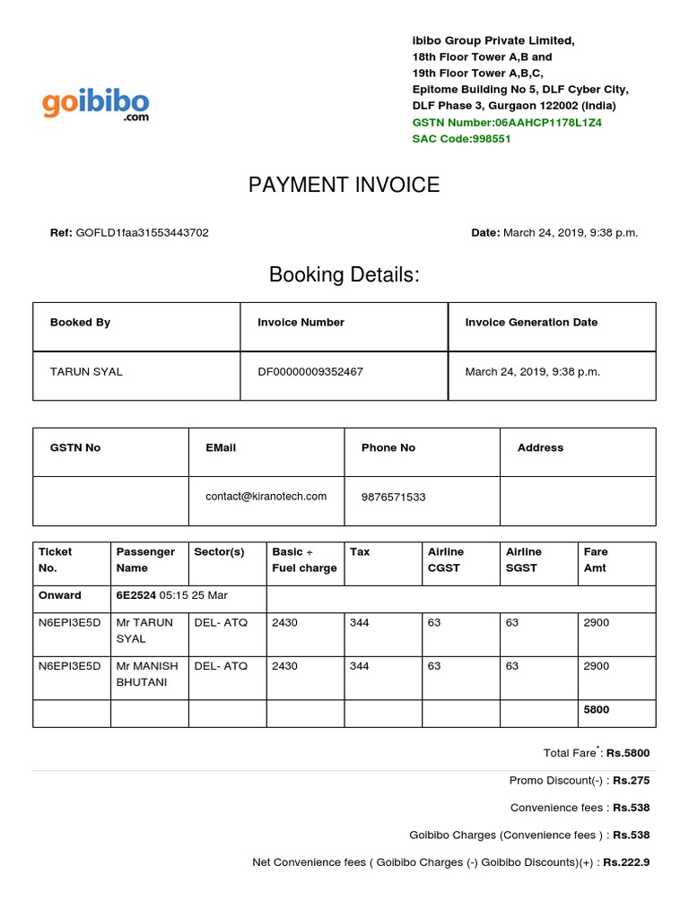 Goibibo flight booking invoice | PDF | Fee | Invoice