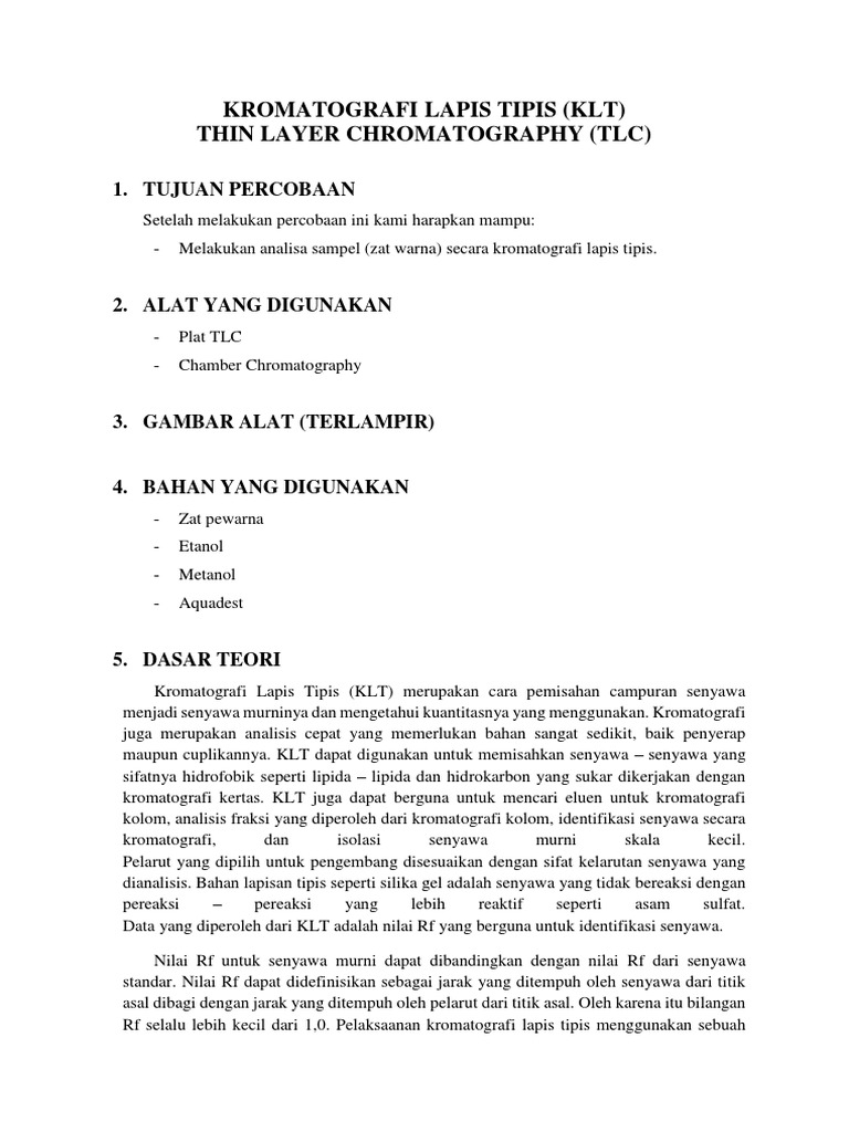 Kromatografi Lapis Tipis (KLT) Thin Layer Chromatography (TLC) | PDF