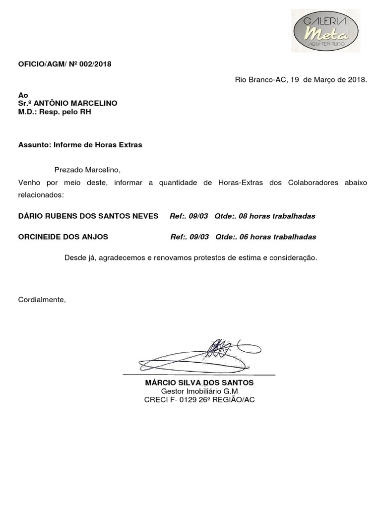 Oficio Informe de Horas Extras | PDF