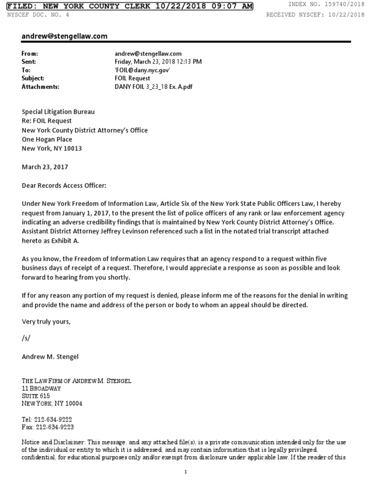 Stengel v. Vance, Et Al. Article 78, Original FOIL Request | PDF ...