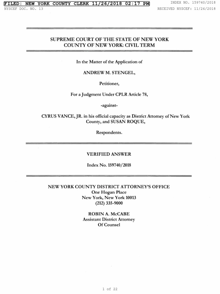 Stengel v. Vance, Et Al. Article 78 Answer | PDF | Discovery (Law ...