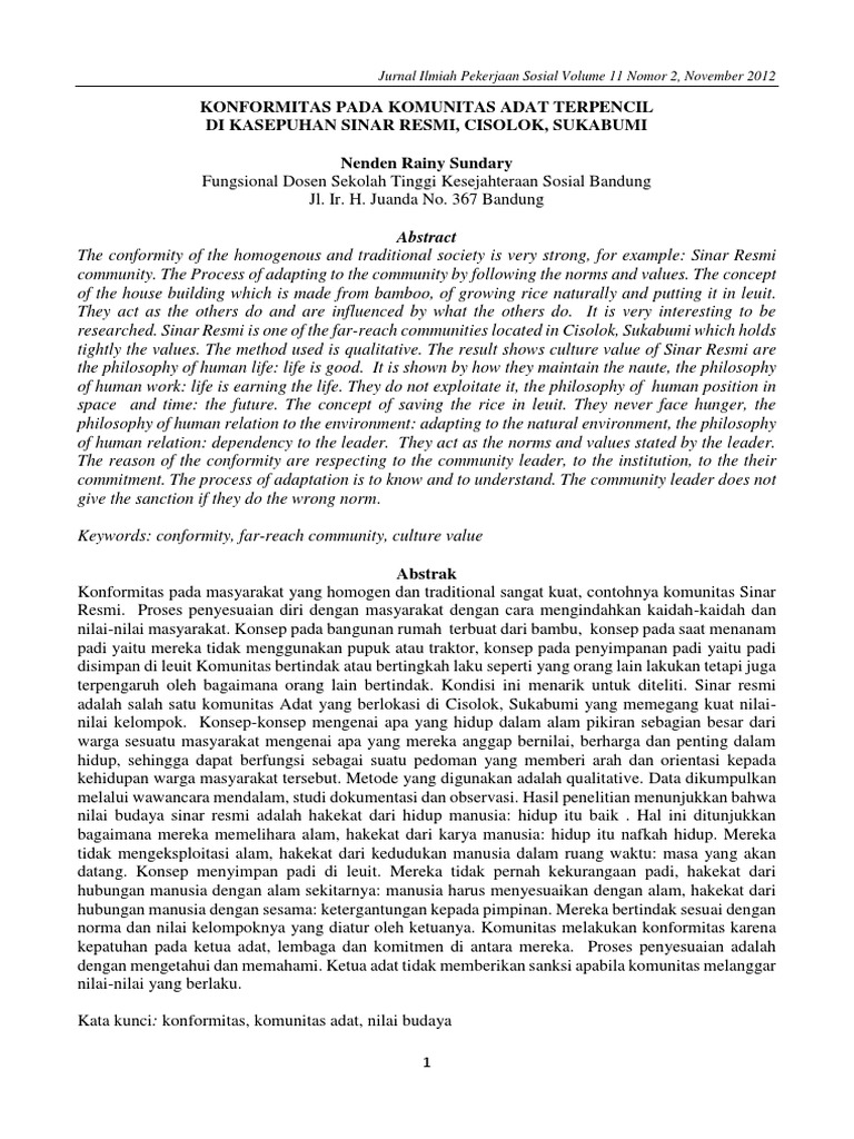Konformitas Pada Komunitas Adat Terpencil Di Kasepuhan Sinar Resmi, Cisolok, Sukabumi Nenden ...