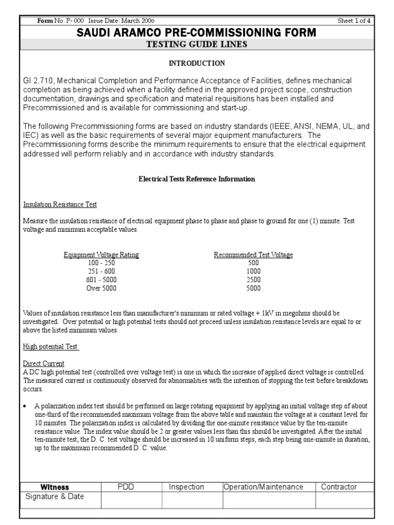 Saudi Aramco Pre-Commissioning Form: Testing Guide Lines | Voltage ...