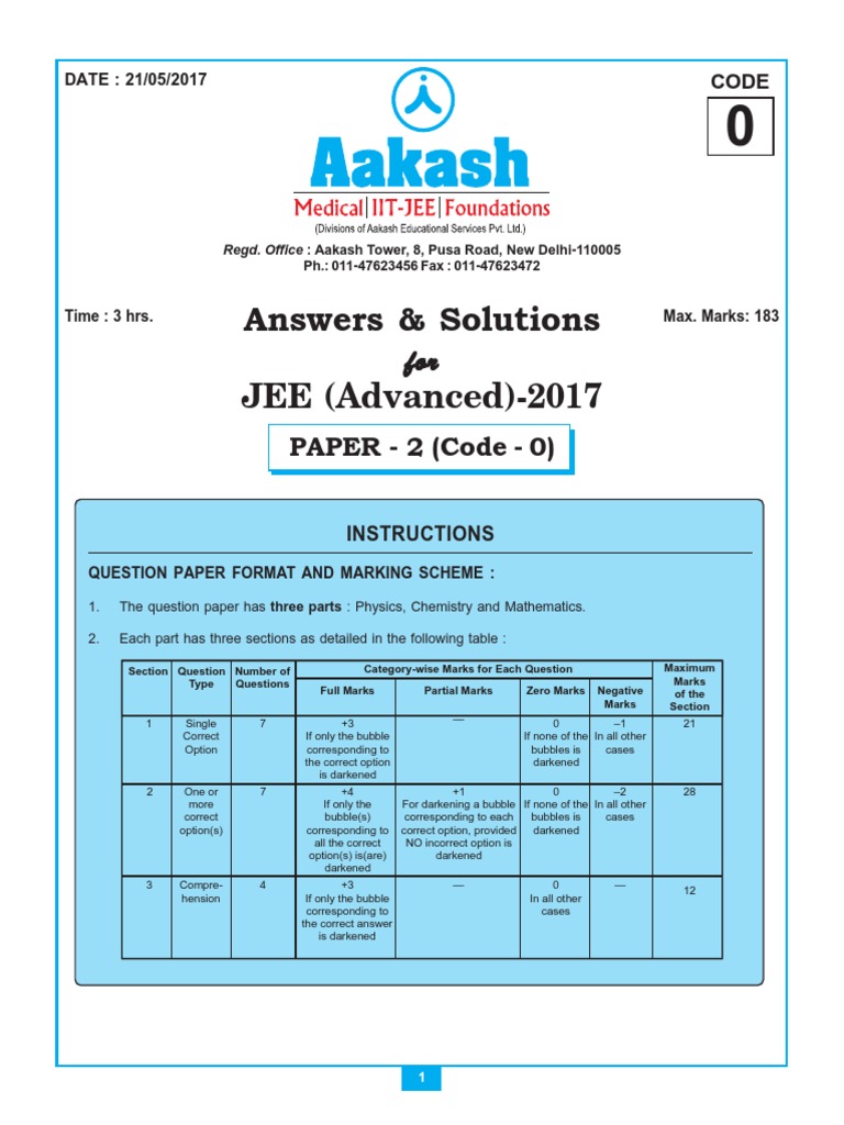 Aakash JEE Advanced Paper 2 Code 0 Solution PDF | PDF | Physical ...