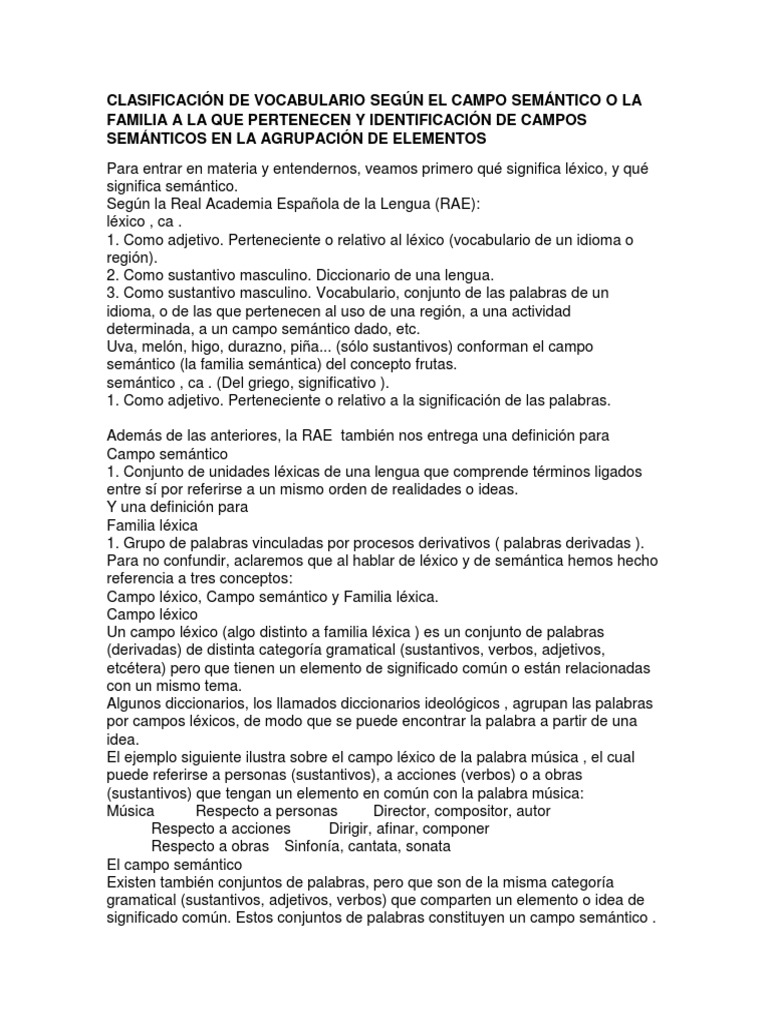 Clasificación de Vocabulario Según El Campo Semántico o La Familia A La ...