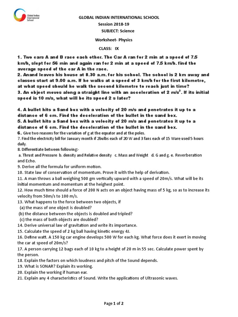 Global Indian International School Session 2018-19 SUBJECT: Science ...