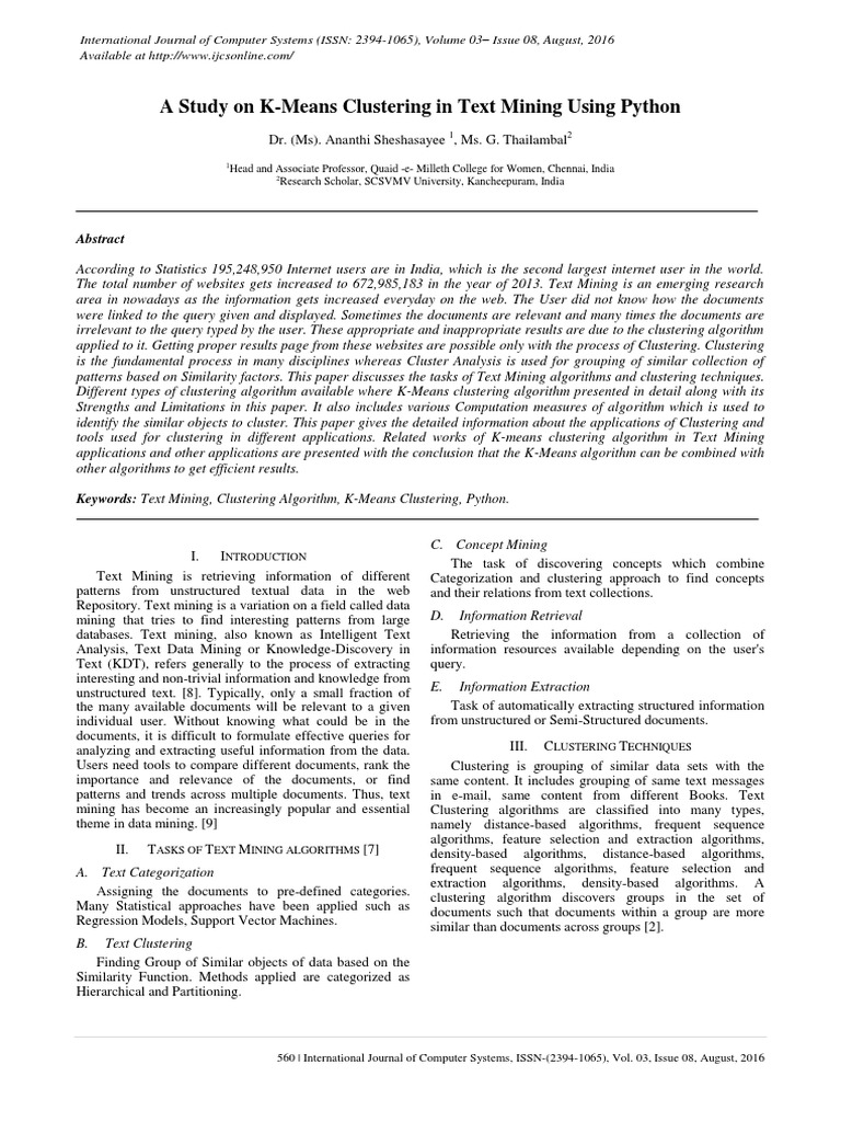 A Study On K-Means Clustering in Text Mining Using Python | PDF | Cluster Analysis | Information ...