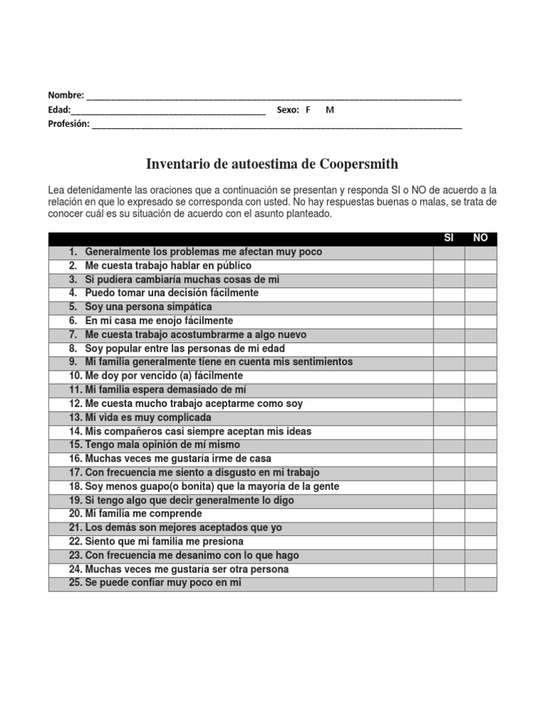 Autoestima de Coopersmith | PDF