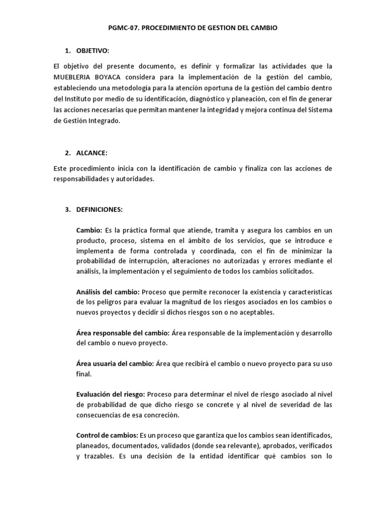 Pgmc-07. Procedimiento de Gestion Del Cambio | PDF | Calidad (comercial) | Software