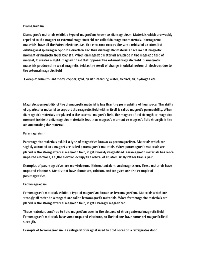 Overview of Diamagnetic Materials | PDF | Magnetism | Ferromagnetism