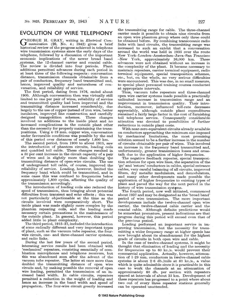 Nature: Evolution of Wire Telephony | PDF | Coaxial Cable | Electric ...