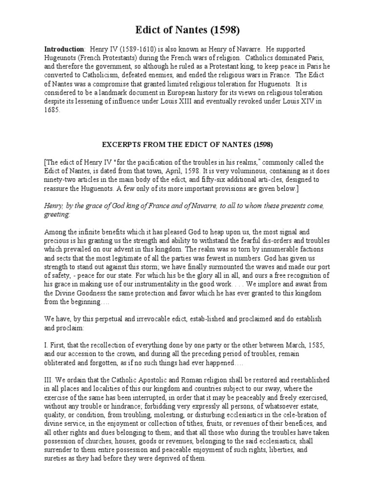 Edict of Nantes 1598 | Download Free PDF | Christian Denominational ...