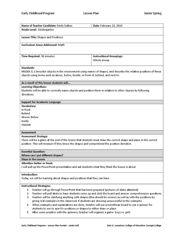 Shapes and Positions K | PDF | Lesson Plan | Behaviorism