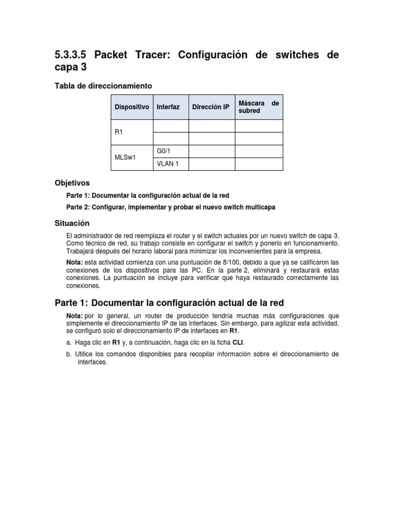5.3.3.5 Packet Tracer - Configure Layer 3 Switches | PDF | Conmutador de red | Dirección IP