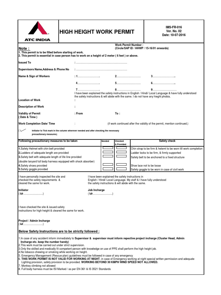 IMS-FR-016 High Height Work Permit | PDF | Safety | Business