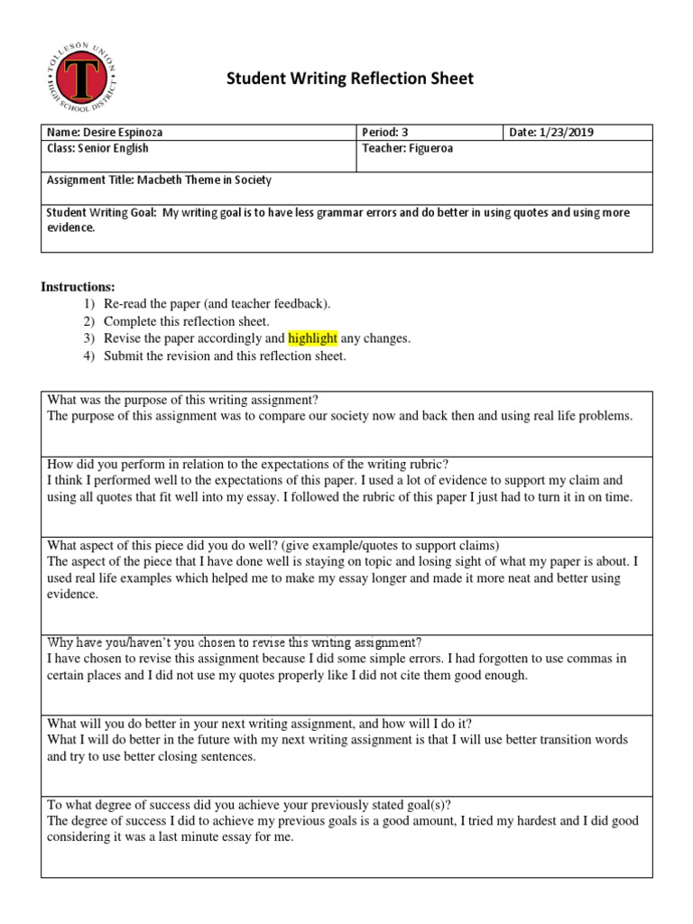 Macbethsociety Essayreflection | PDF | Rubric (Academic) | Essays