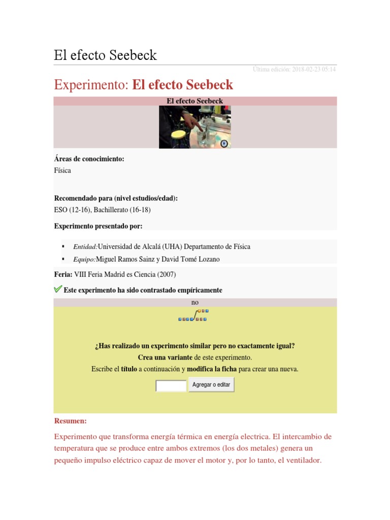 El Efecto Seebeck | PDF | Temperatura | Par termoeléctrico