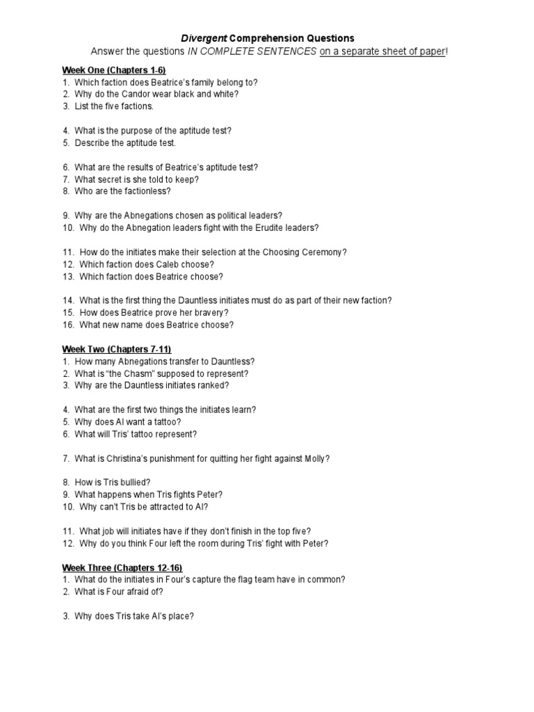 Divergent Comprehension Questions | PDF | Divergent (Novel)