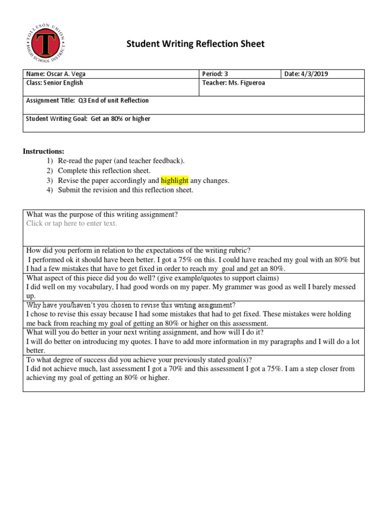 Student Writing Reflection and Revision | PDF | Career & Growth