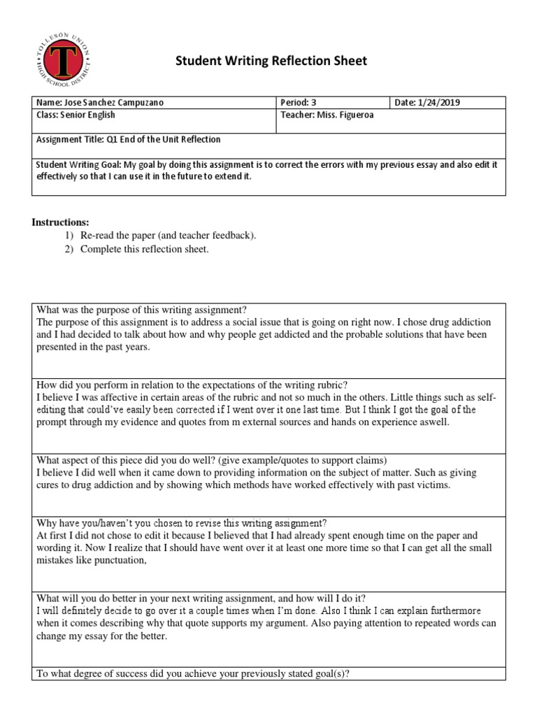 Student Reflection on Writing Assignment | PDF | Rubric (Academic) | Goal