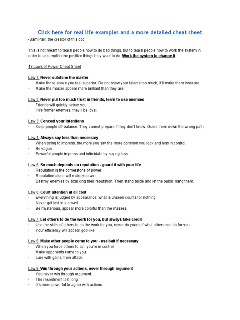 48 Laws of Power Cheat Sheet | PDF