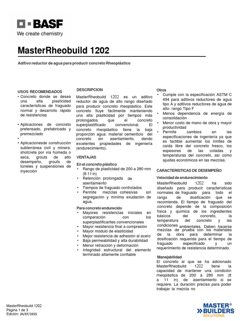 MasterRheobuild 1202 | PDF | Hormigón | Material compuesto