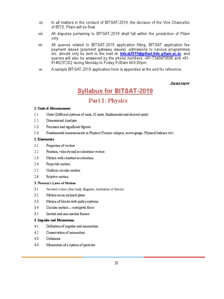 Syllabus For BITSAT-2019 Part I: Physics: Annexure | PDF ...