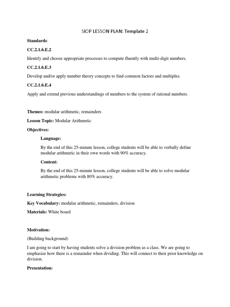 Siop Lesson Plan | Download Free PDF | Vocabulary | Arithmetic