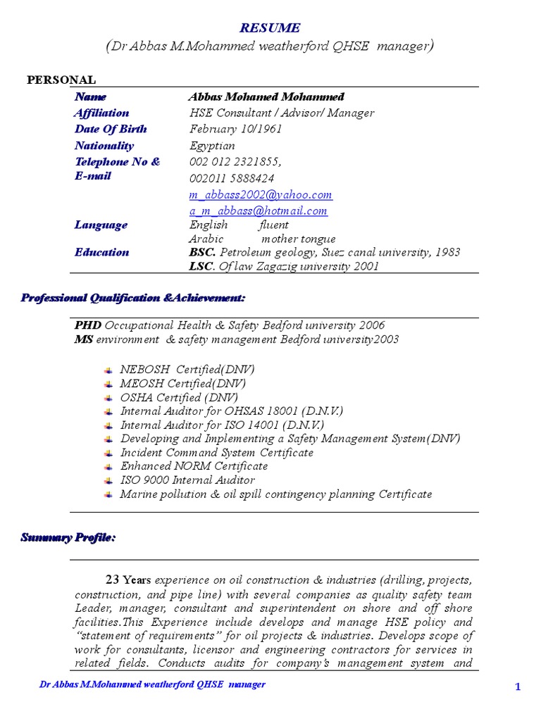 Dr. Abbas M. Mohammed QHSE Resume | PDF | Risk Management | Risk Assessment