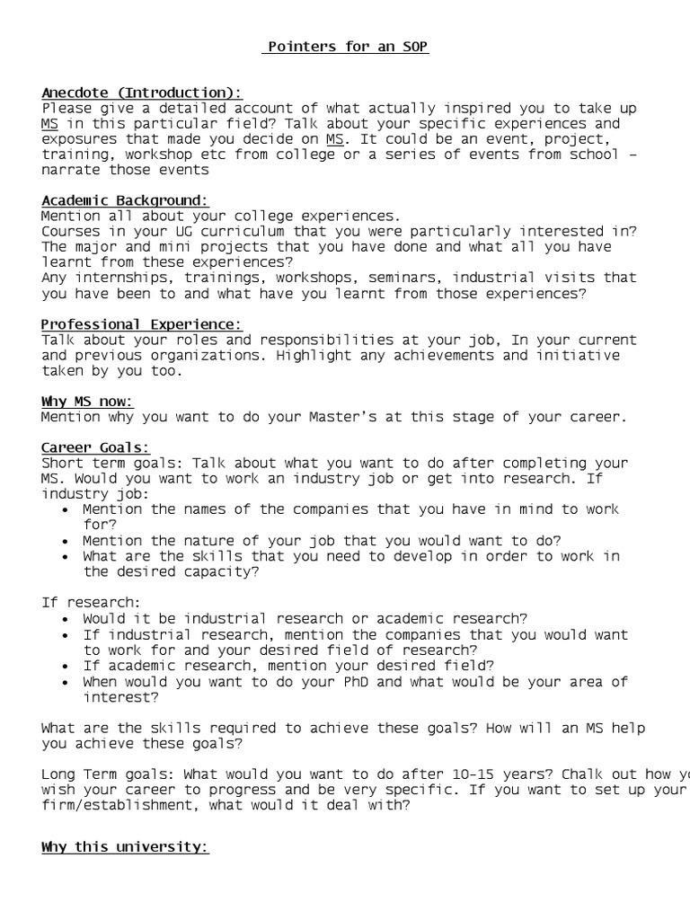 Pointers For An SOP | PDF