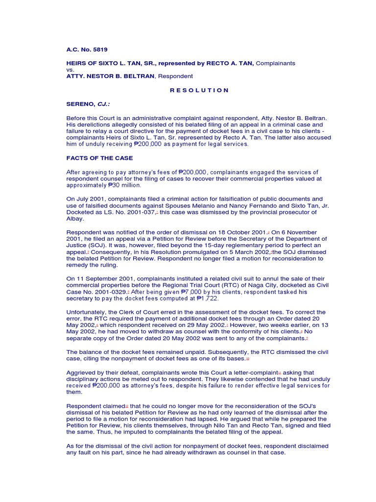 Heirs of Tan vs. Atty. Beltran | PDF | Lawyer | Evidence