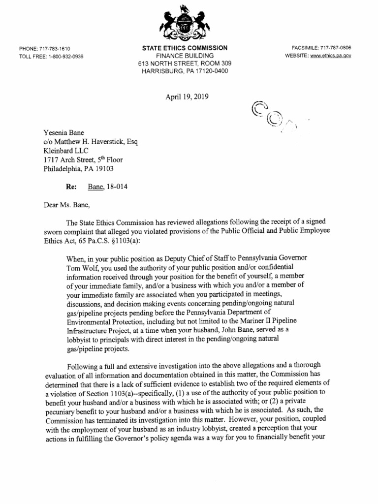 Ethics Commission Letter Re Yesenia Bane | PDF