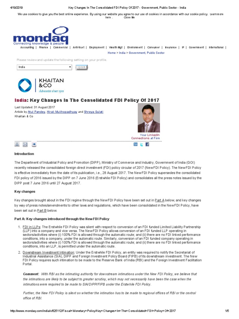 Key Changes in The Consolidated FDI Policy of 2017: India | PDF ...