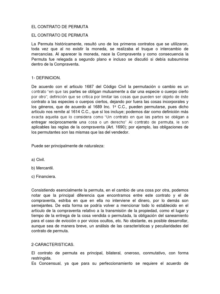 Contrato de permuta: definición, características y obligaciones | PDF ...