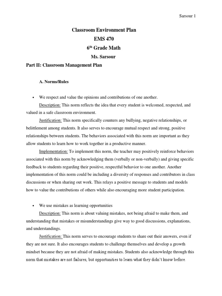 Ems 470 Classroom Environment Plan 1 | PDF | Teachers | Mindset