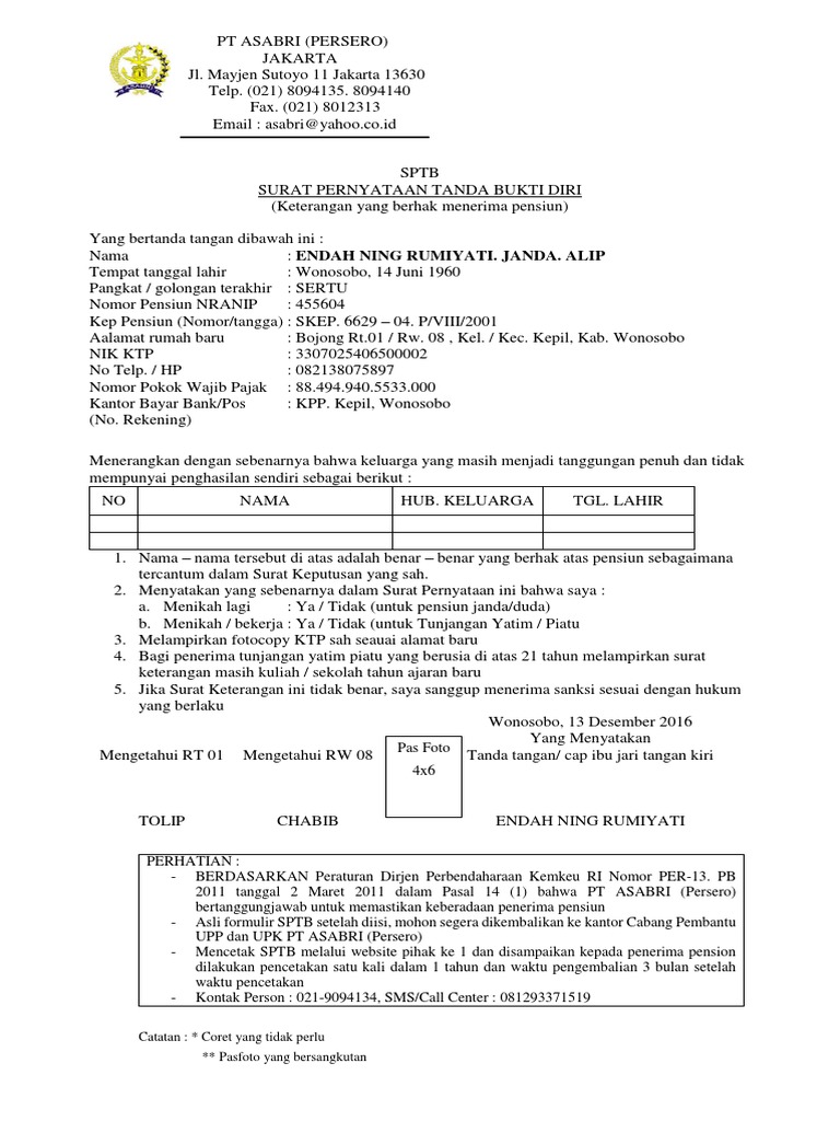 PT Asabri SPTB Surat Pernyataan Tanda Bukti Diri | PDF