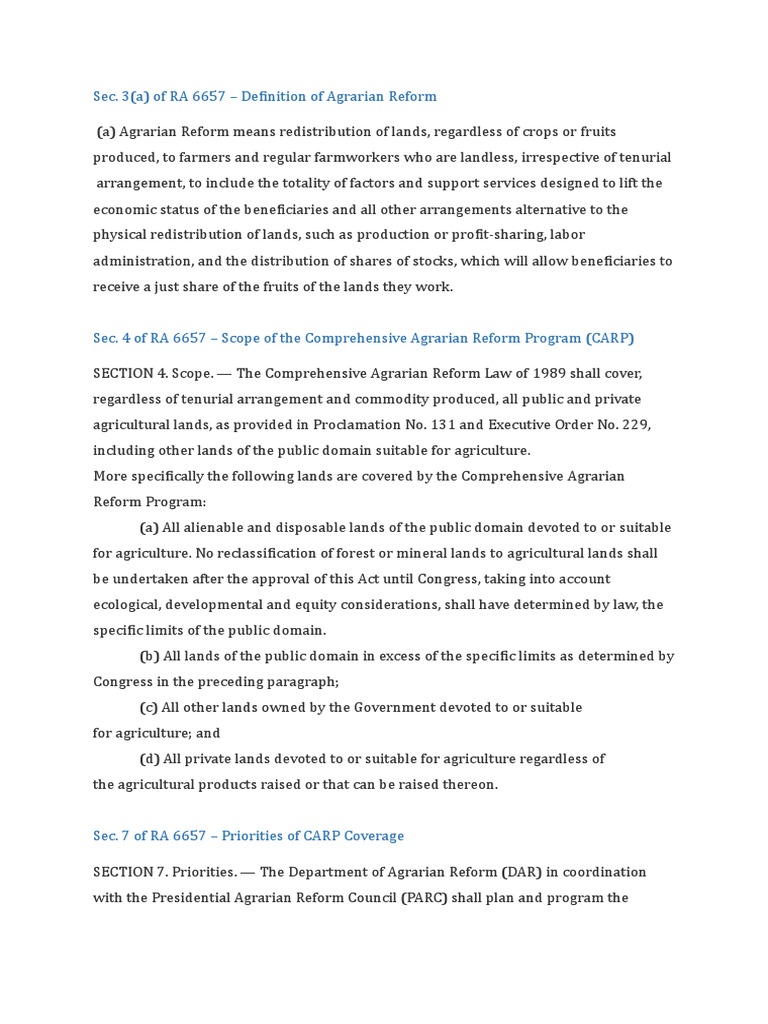 Sec. 3 (A) of RA 6657 - Definition of Agrarian Reform | PDF ...