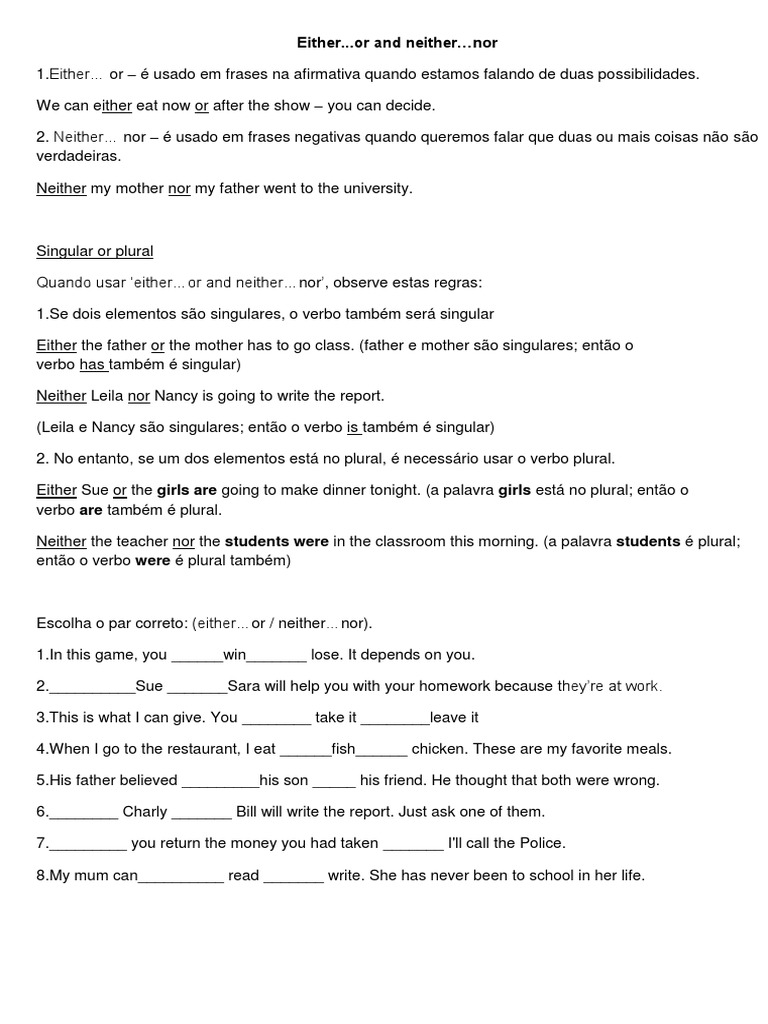 Either... or and Neither Nor | PDF | Language Arts & Discipline | Self ...