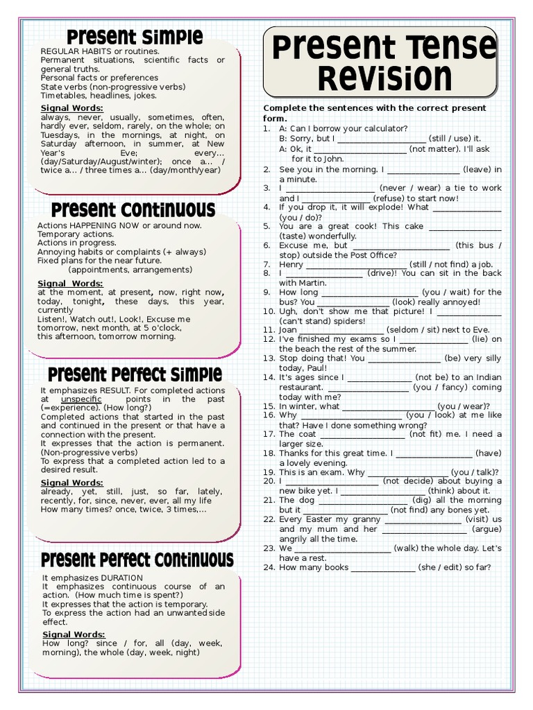 Present Tense Exercises Worksheet | PDF | Languages | Language Arts ...