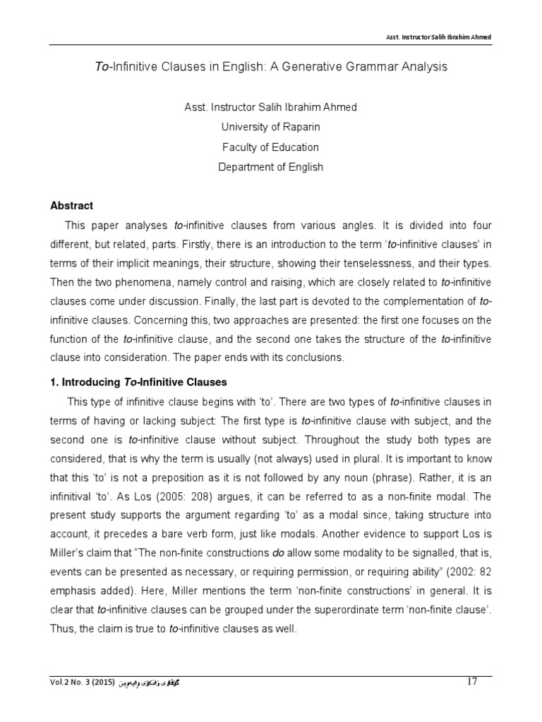 Infinitive Clauses in English: A Generative Grammar Analysis | PDF ...