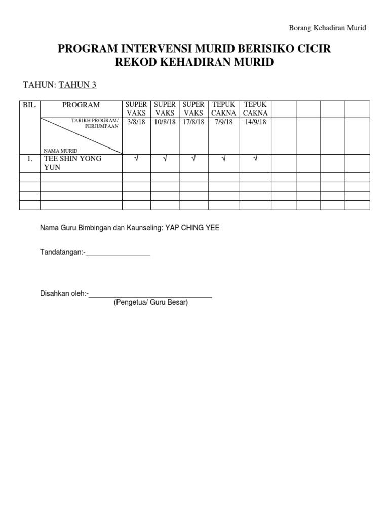 Borang Kehadiran Murid | PDF