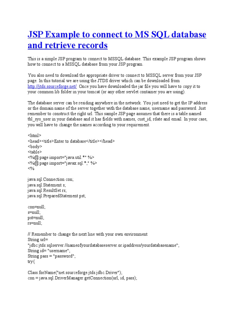 JSP Example To Connect To MS SQL Database and Retrieve Records | PDF ...
